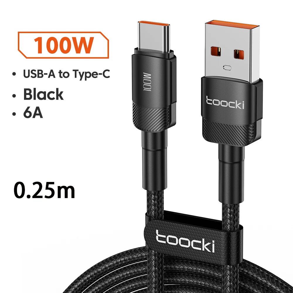 Toocki 6A USB-кабель типа C для Huawei Xiaomi PD 100 Вт, зарядное устройство для HY A-C 0.25m Black