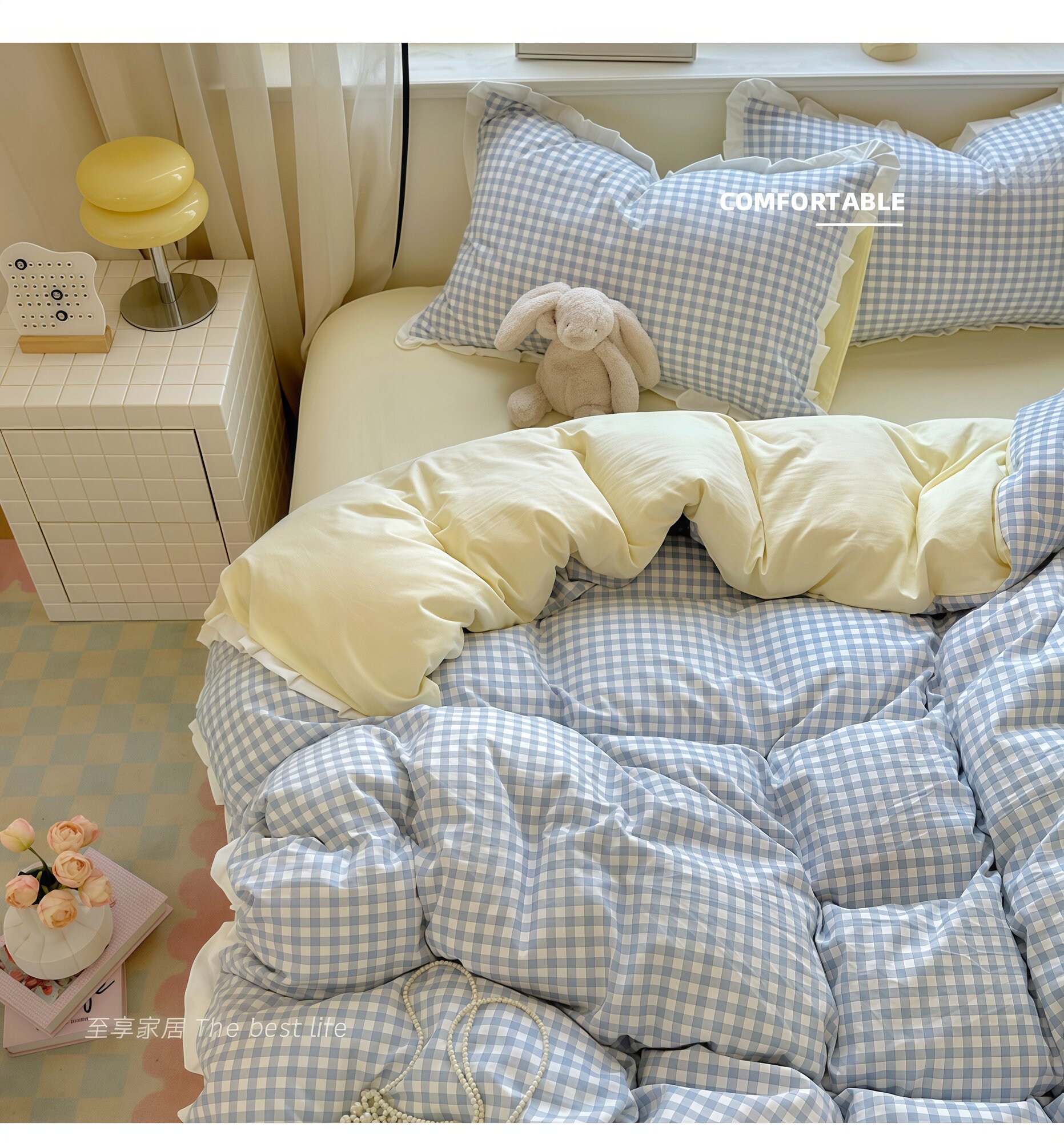 Корейская кружевная кровать из четырех предметов постельного белья из хлопка для девочек, синий, 180×200см