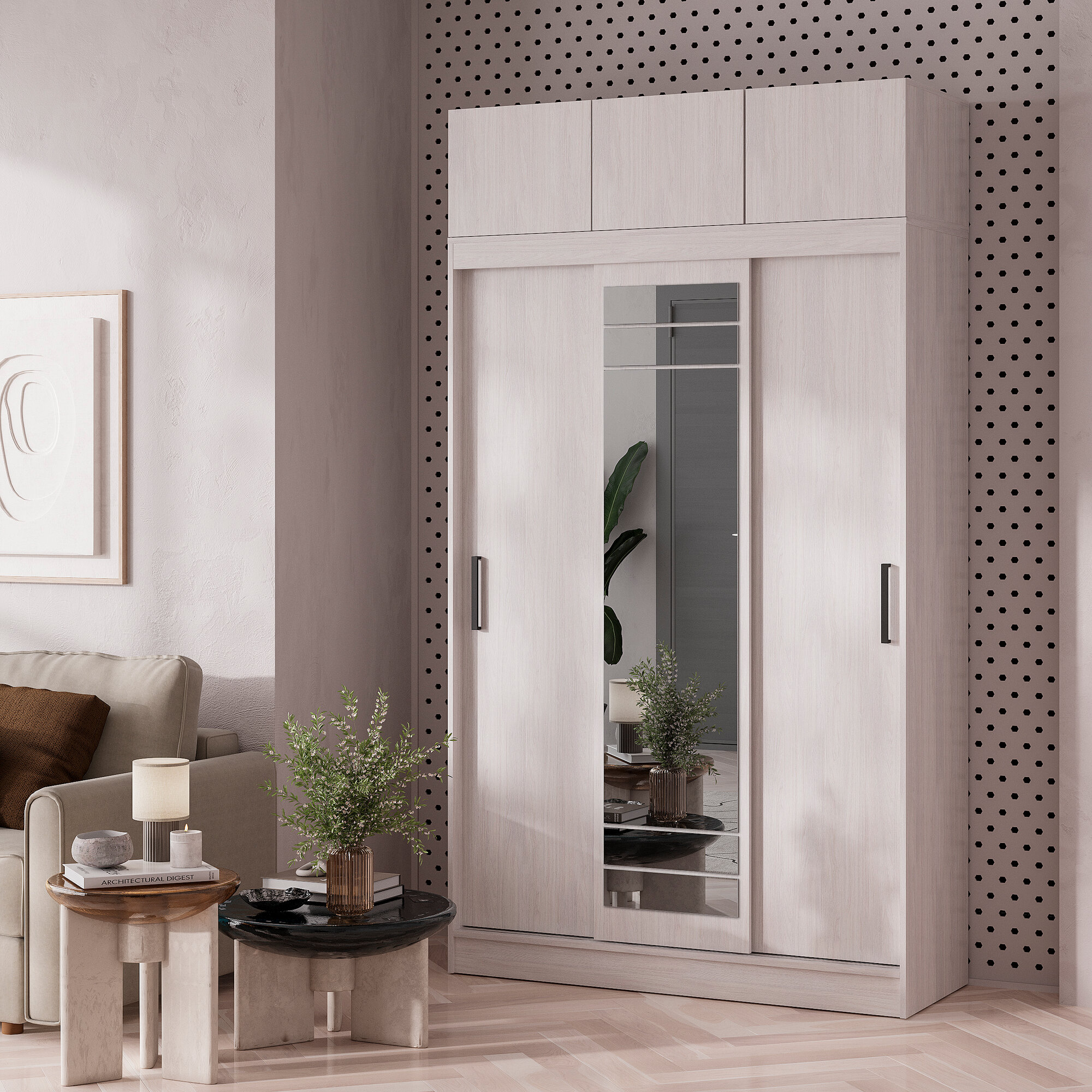 Шкаф-купе Мебелони "Тео" ШКК-02, с антресолью, ЛДСП, ясень белый