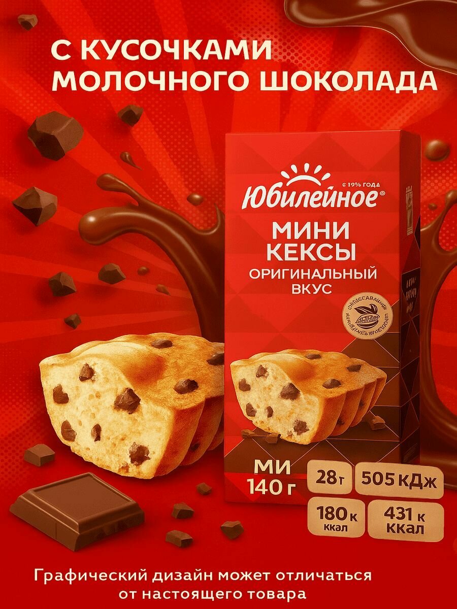 Мини-кексы юбилейное с кусочками молочного шоколада, 140г