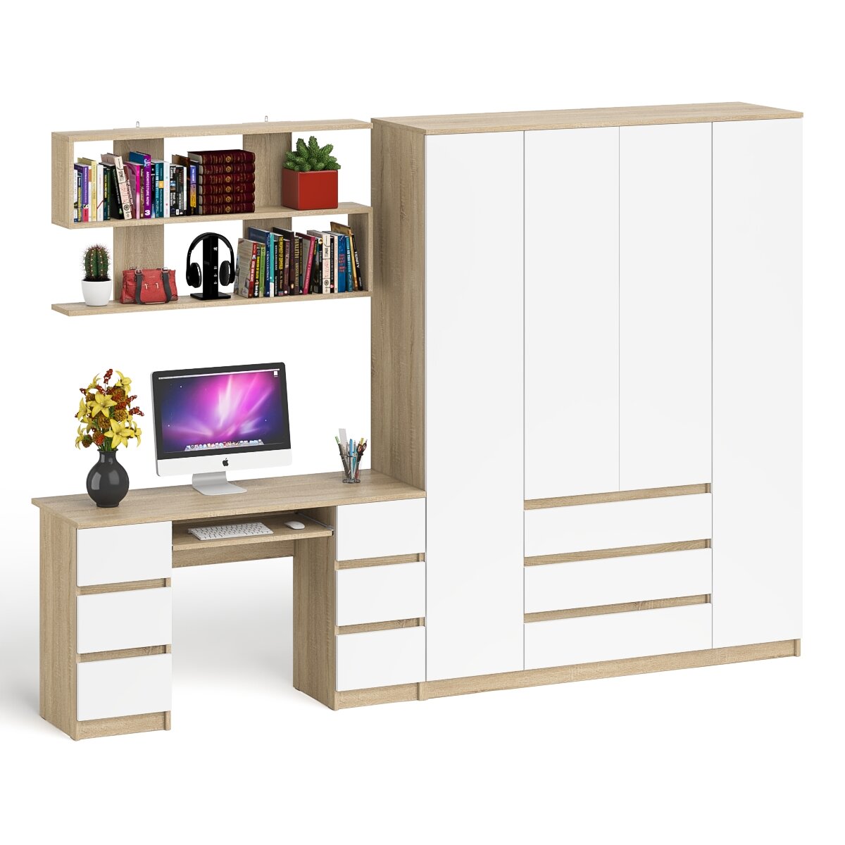 Большой 4-х дверный шкаф-комод Мори МШ1600.1 и стол с навесной полкой, дуб сонома/белый, 295,8х50,4х209,6 см.