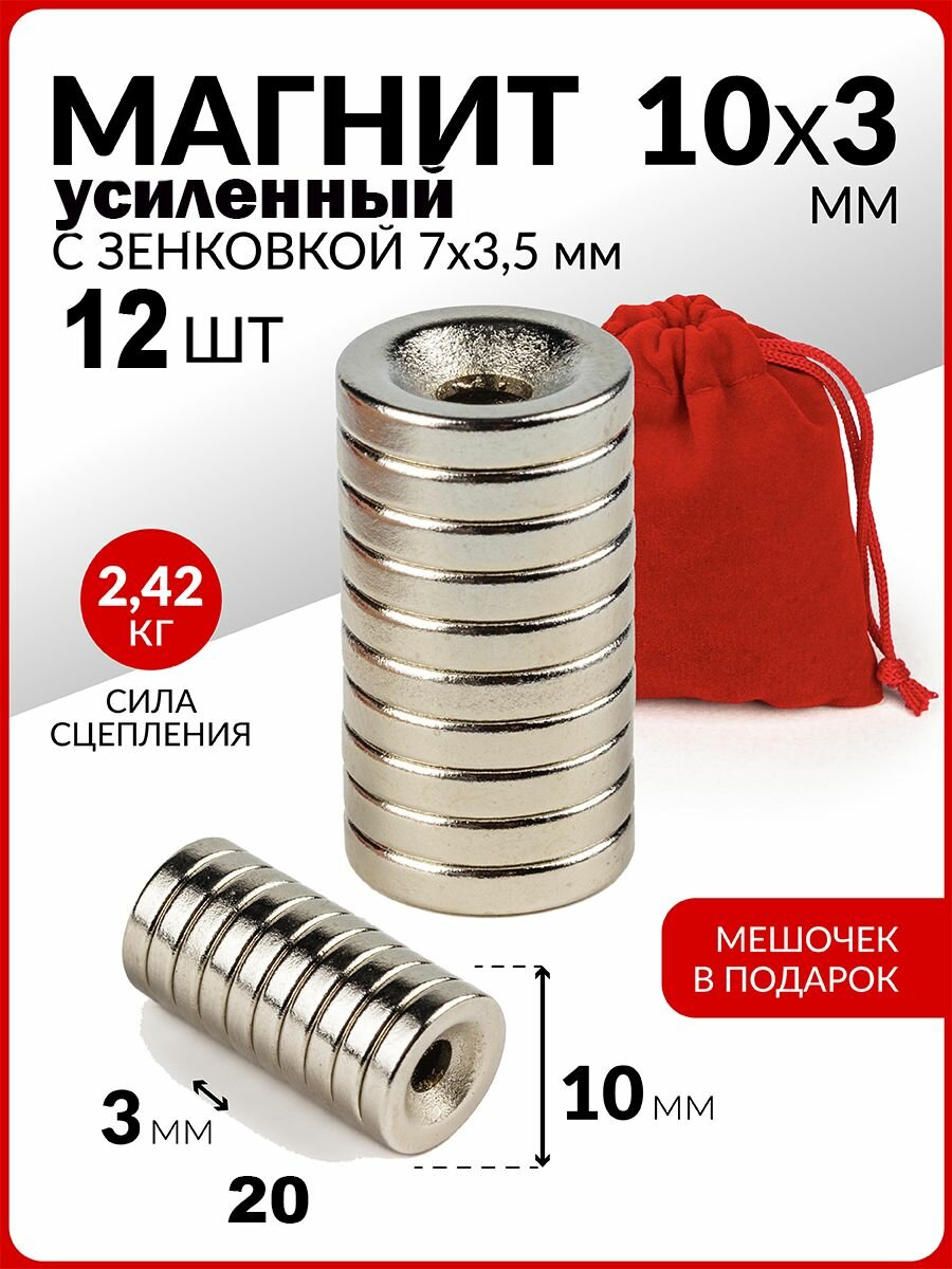 Магниты Росмагнит диски 10х3мм с отверстием - зенковкой 7.5х3.5 мм по болт/саморез - 12шт в комплекте