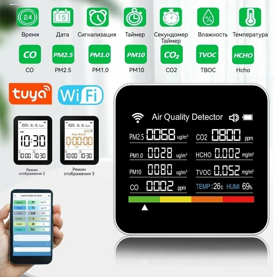 Tuya Wi-Fi Smart многофункциональный датчик качества воздуха "9в одном", Может определять CO, CO2, формальдегид, TVOC, PM2.5, температуру, влажность
