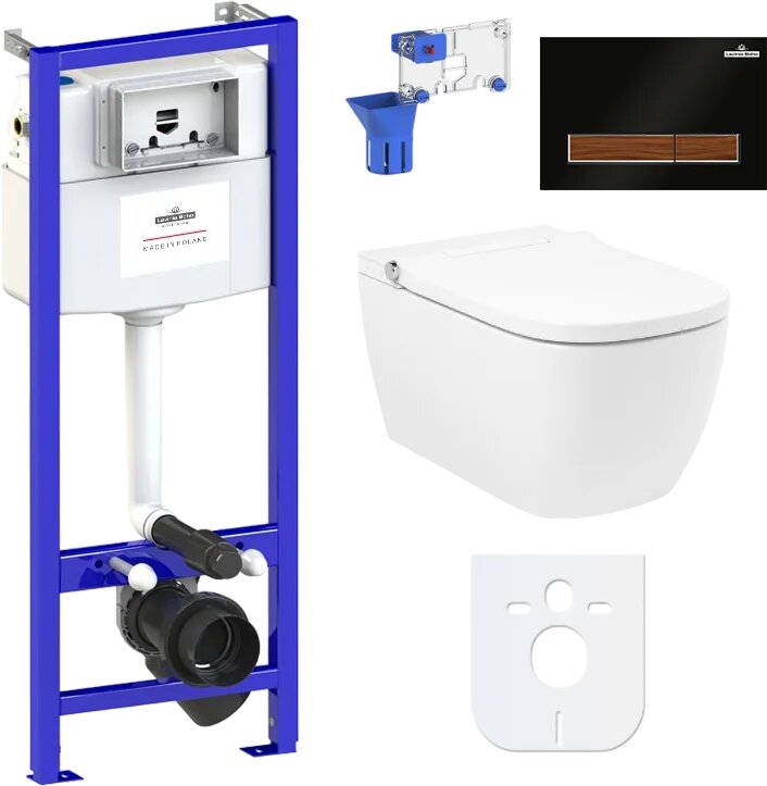 Комплект Lavinia Boho Унитаз подвесной Smart V-Clean 3359101R безободковый, с микролифтом / Инсталляция RelFix 38010010 / Кнопка RelFix матовая черная, темное дерево
