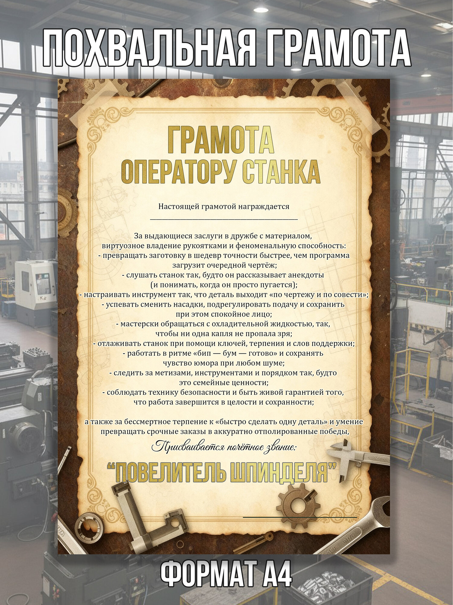 Похвальная грамота оператору станка А4