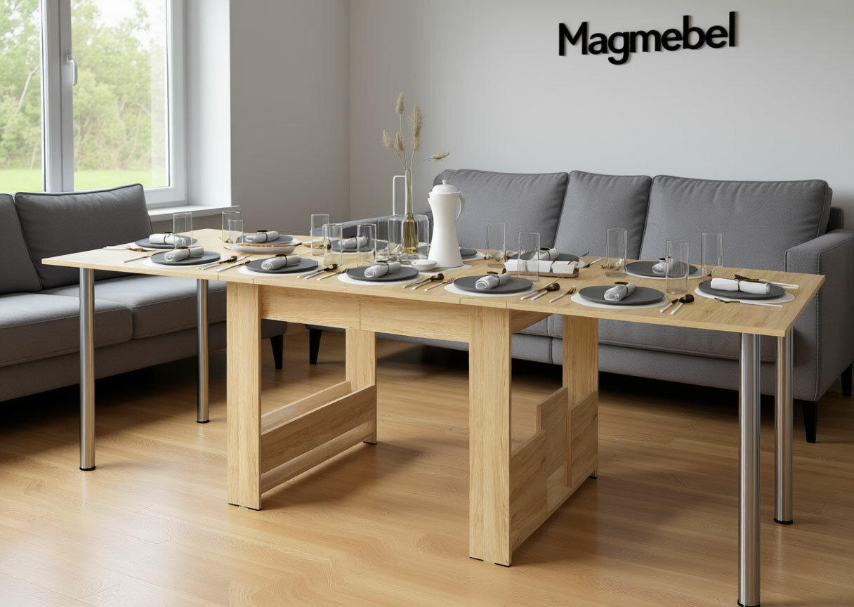 Стол-книжка длинный 233 см с 4 металлическими ножками (цвет: дуб сонома)