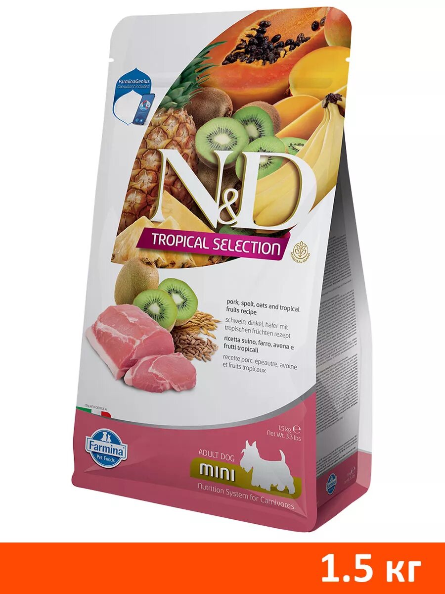 Корм сухой Farmina Dog N&D Tropical Selection Adult Mini Pork для взрослых собак мелких пород со свининой, 1,5 кг
