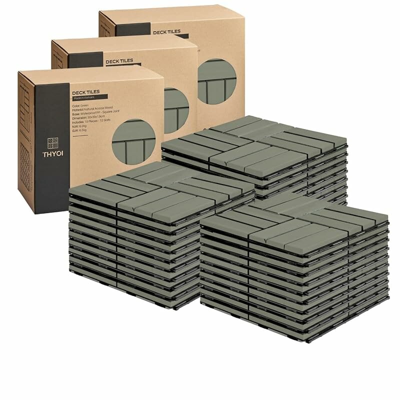 Плитка для террасы, напольное покрытие патио - водонепроницаемые плитки из акации использования в любую погоду - балкон, задний двор, внутри и снаружи (золотой тиковый перекрестный узор, 35 шт. - 30 квадратных футов)