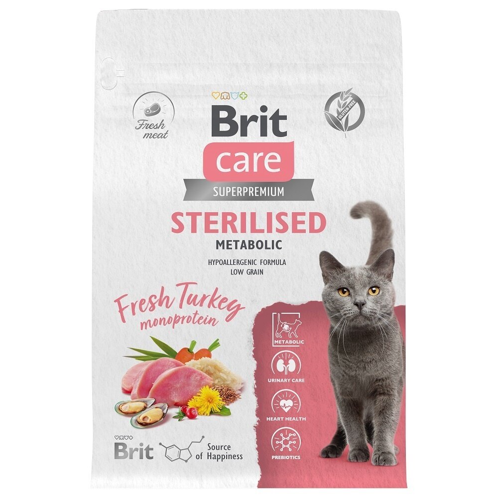 Сухой корм для кошек BRIT CARE Cat Sterilised Metabolic с индейкой, 1.5 кг