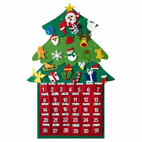 Фетровый адвент-календарь 100x50 см, 24 украшения, 31 задание + 1 в подарок, 3 м гирлянда, золотая сказка, 592140