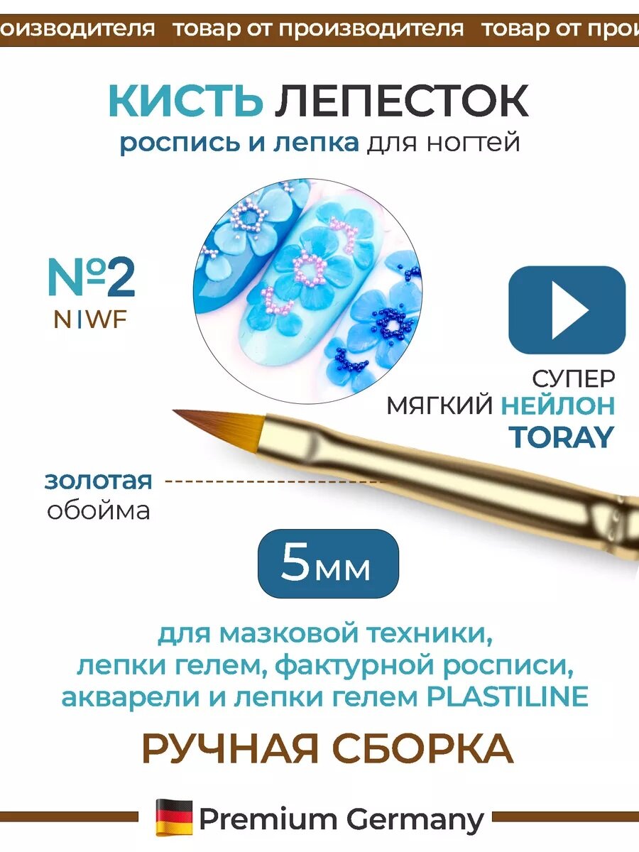 Nail Club Кисть для дизайна ногтей, мазковой росписи и флористики 2N-WF