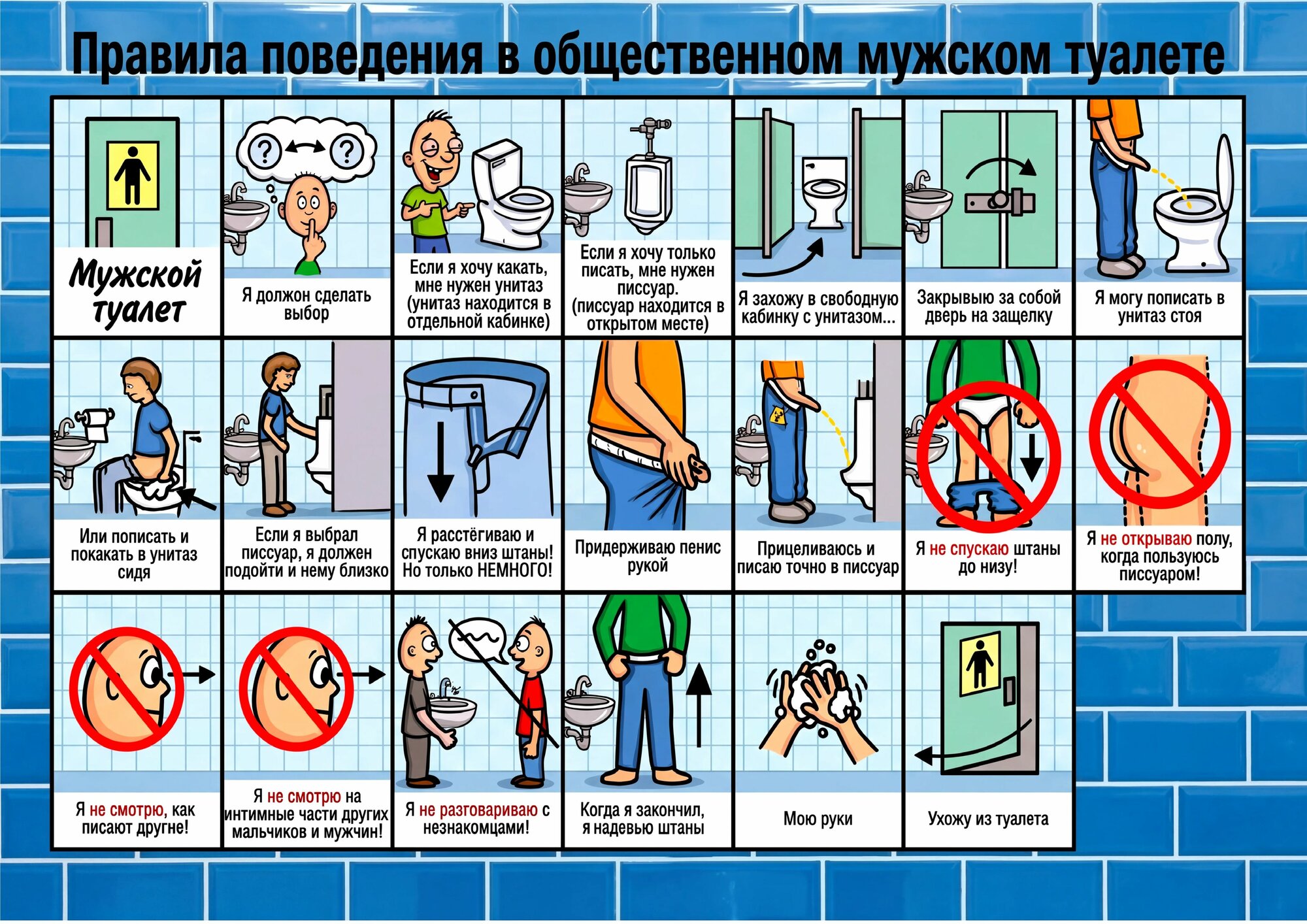 "Правила посещения общественного мужского туалета". 42х30 см. Плакат для туалета А3_069.