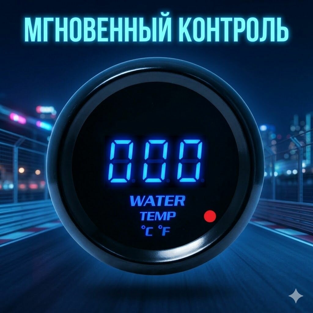 Указатель температуры охлаждающей жидкости 52мм, цифровой. Прибор для тюнинга ВАЗ, иномарок. Синяя подсветка, с датчиком в комплекте.