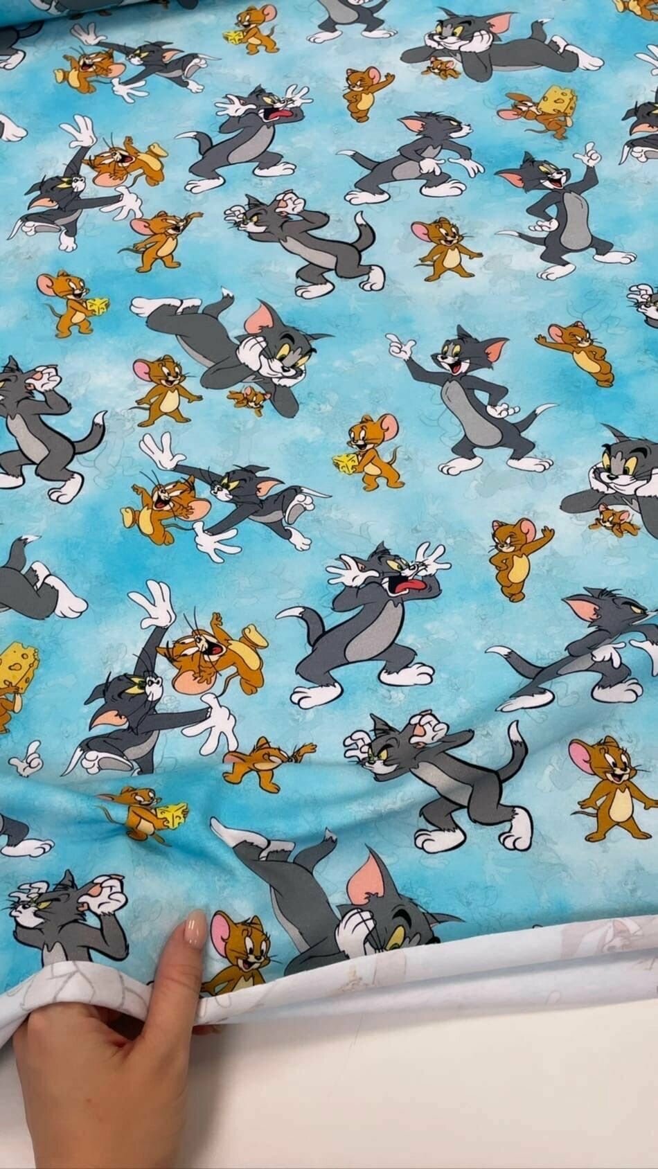 Кулирка с лайкрой "ТОМ И джери на голубом" ширина 180см, высота 100 см.