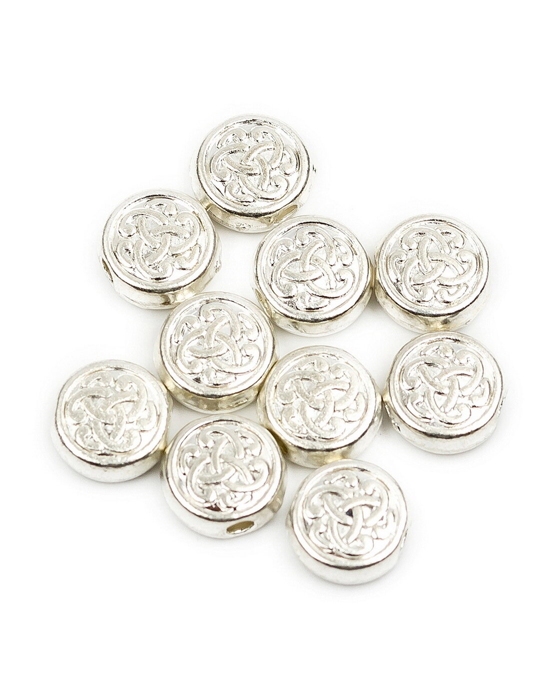 Плоские круглые бусины, размер каждой бусины 7х3 мм, материал сплав олова с посеребрением, 10 шт.