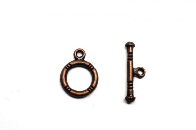Замок тогл Круглый 15х12х2мм/18х6х3мм, отверстие 2мм, цвет античная медь, сплав металлов, 12-086, 1 комплект