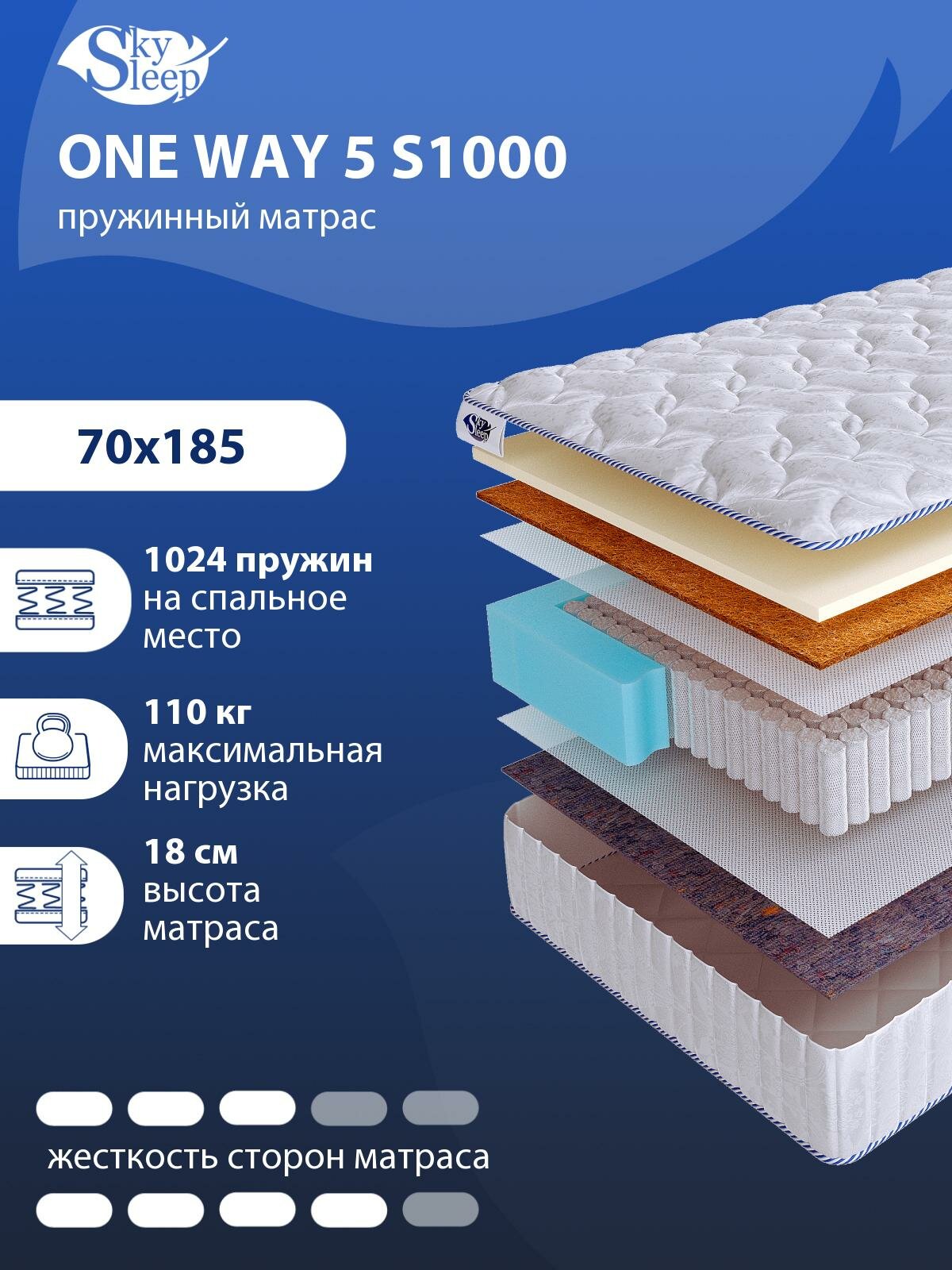 Односторонний ортопедический матрас SkySleep ONE WAY 5 S1000 на кровать 70x185