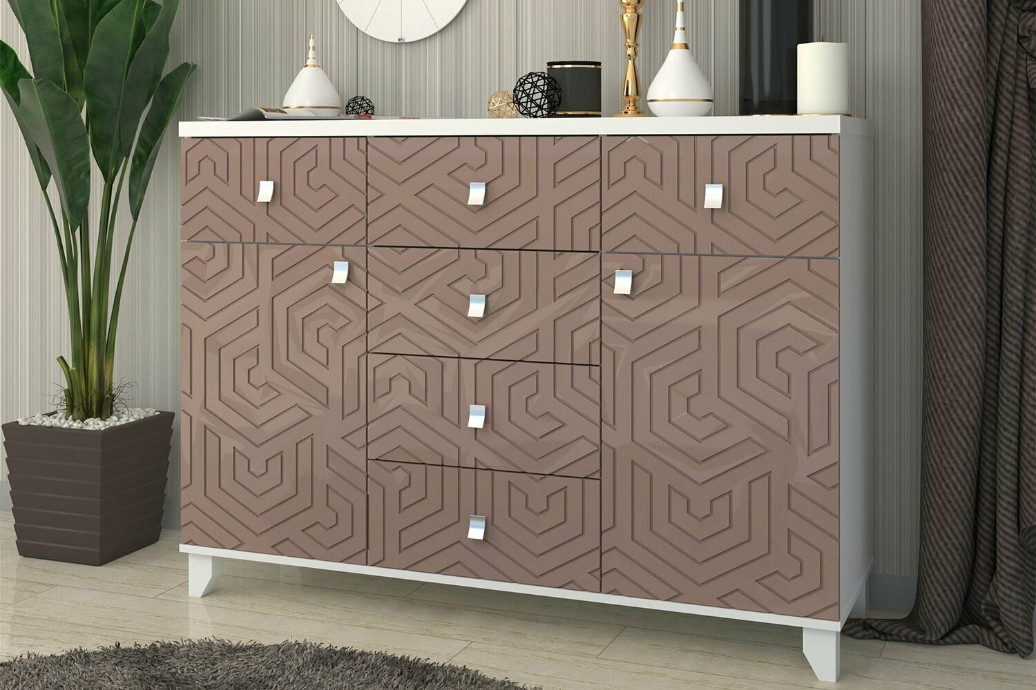 Комод Ренди 23 140х40х100 фасад МДФ с фрезеровкой Кофе с молоком DM501-6T, корпус белый, ножка №3