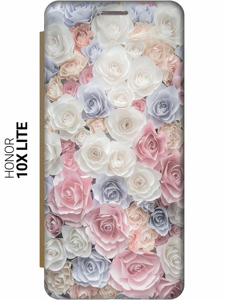 Чехол-книжка на Honor 10x Lite, Хонор 10Х Лайт c принтом "Пастельные розы" золотистый