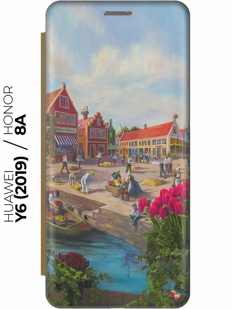 Чехол-книжка Старинный Амстердам на Honor 8A / 8A Pro / Huawei Y6 (2019) / Y6 Prime (2019) / Хонор 8а / 8а Про / Хуавей У6 Прайм 2019 золотой