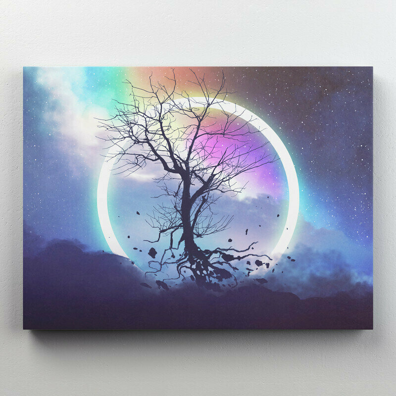 Интерьерная картина на холсте "Мертвое парящее дерево на фоне светового кольца" размер 60x45 см