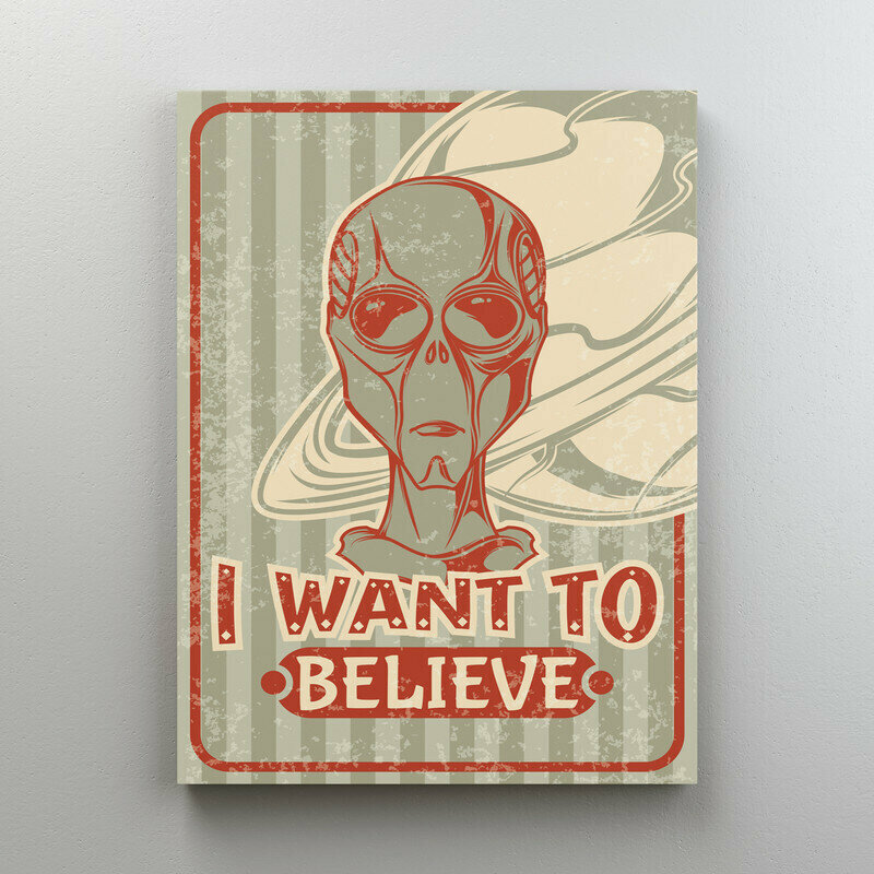 Интерьерная картина на холсте "Винтажный постер - я верю в НЛО" размер 22x30 см