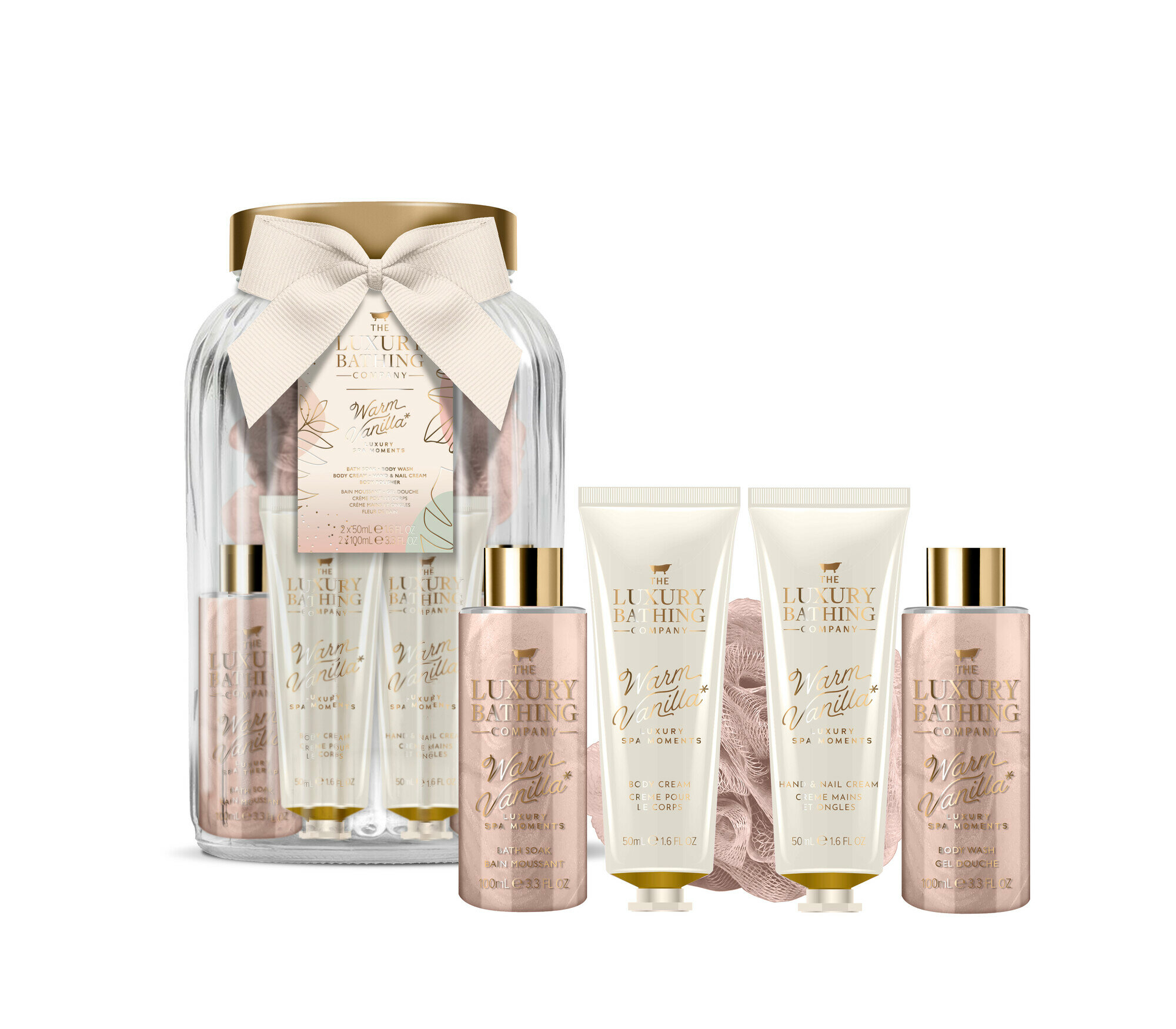 The Luxury Bathing Company / Теплая ваниль и сладкий миндаль / Подарочный набор "Ритуал купания" (крем для рук и ногтей 50мл, лосьон для тела и рук 50мл, гель для ванны и душа 100мл, пена для ванны 100мл, мочалка)