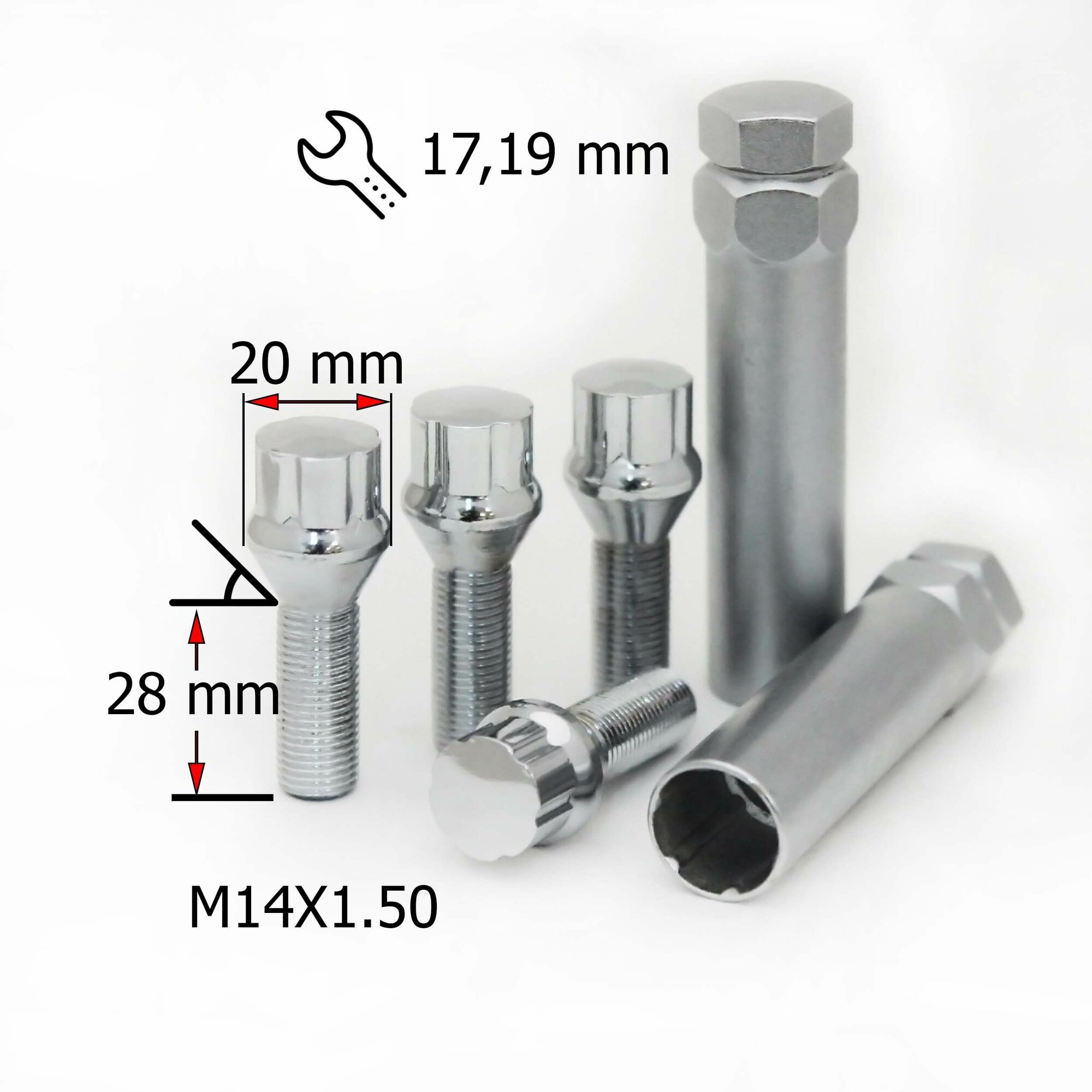 Комплект секретных болтов M14x1,5x28 Конус, D20мм, два ключа 17-19мм