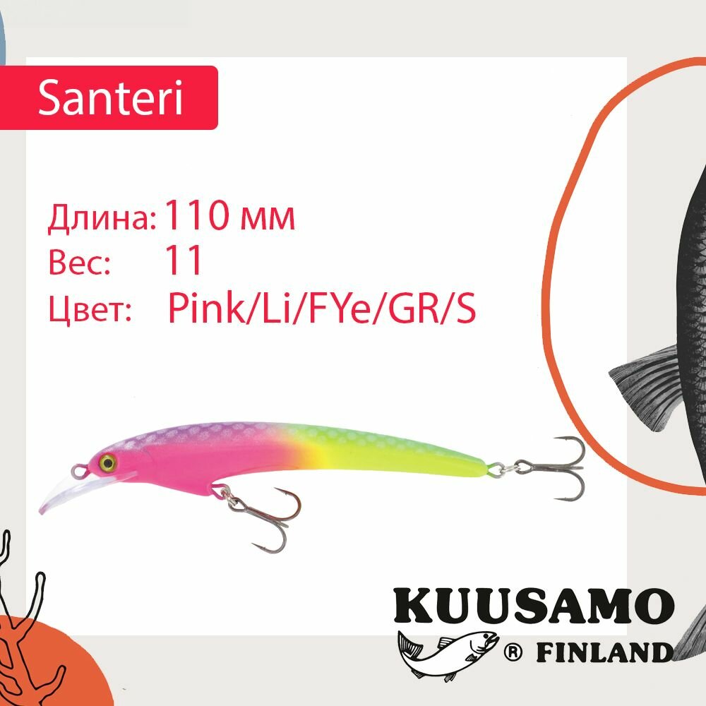 Воблер для рыбалки Kuusamo Santeri 110mm 11г цв. Pink/Li/FYe/GR/S
