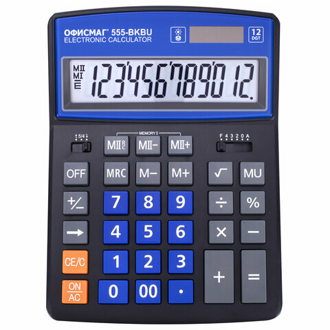 Калькулятор настольный офисмаг 555-BKBU (206×155 мм), 12 разрядов, двойное питание, черно-синий