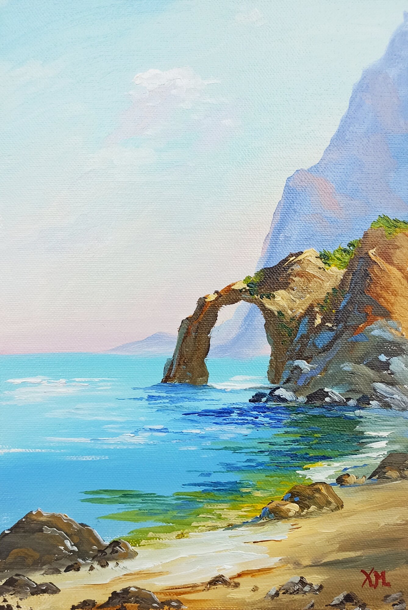 100% ручная работа, 100% живопись. Художественная мастерская Грëзы. Картина масло/холст. Горный пейзаж. Море. 20х30 см