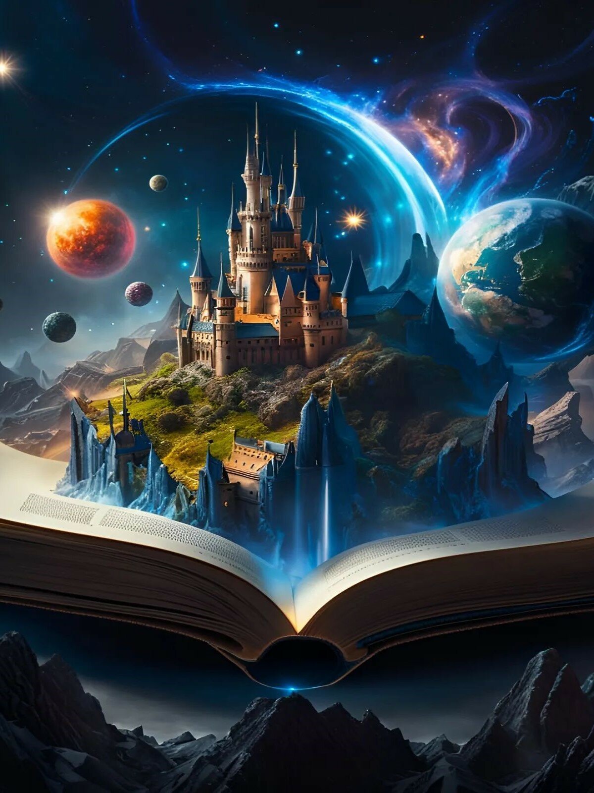 Алмазная мозаика на подрамнике 40x50 см. BoomBoomShop. "Книжный замок в космосе"