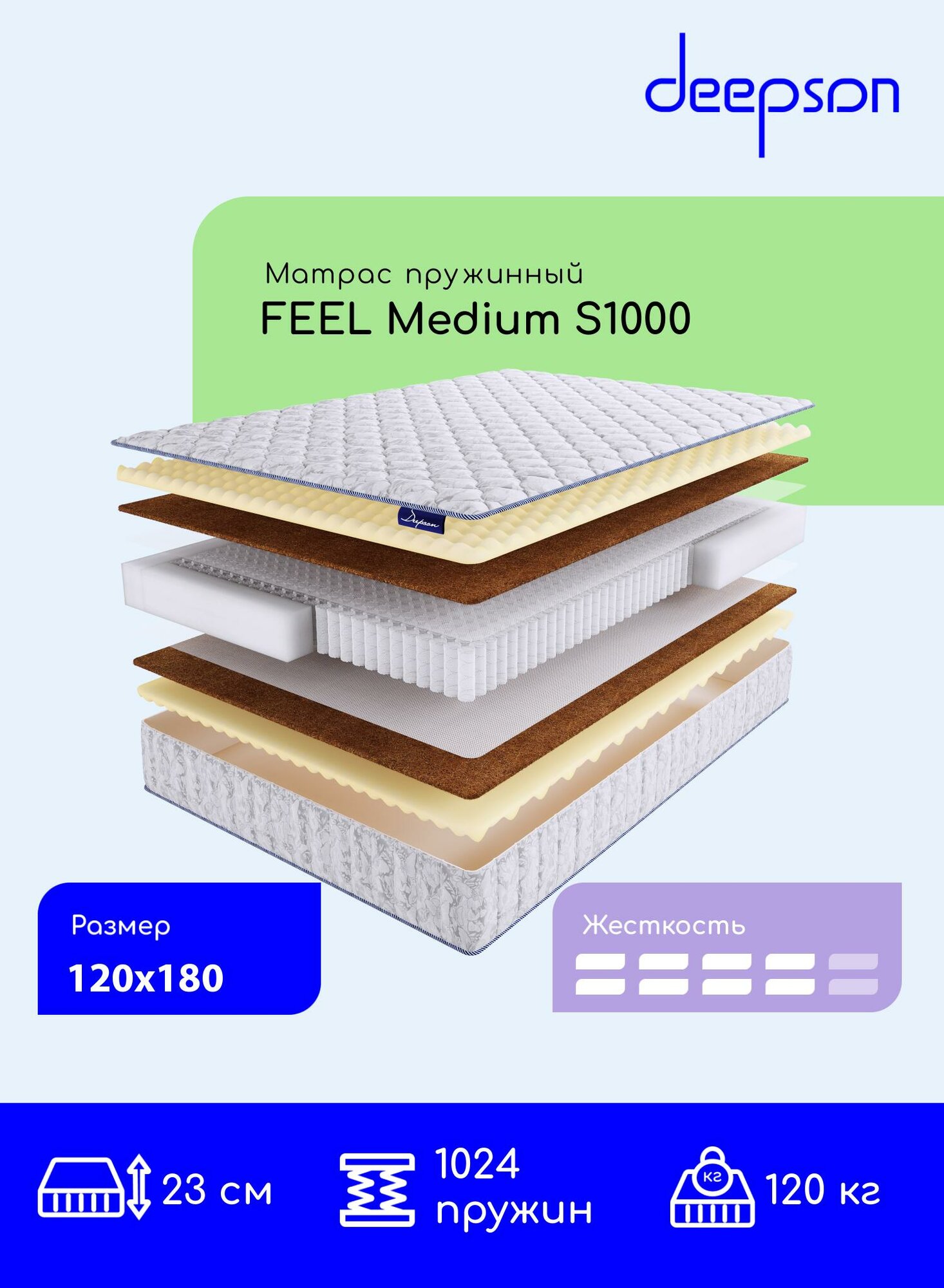 Матрас 120x180 пружинный полутороспальный ортопедический Deepson FEEL Medium S1000