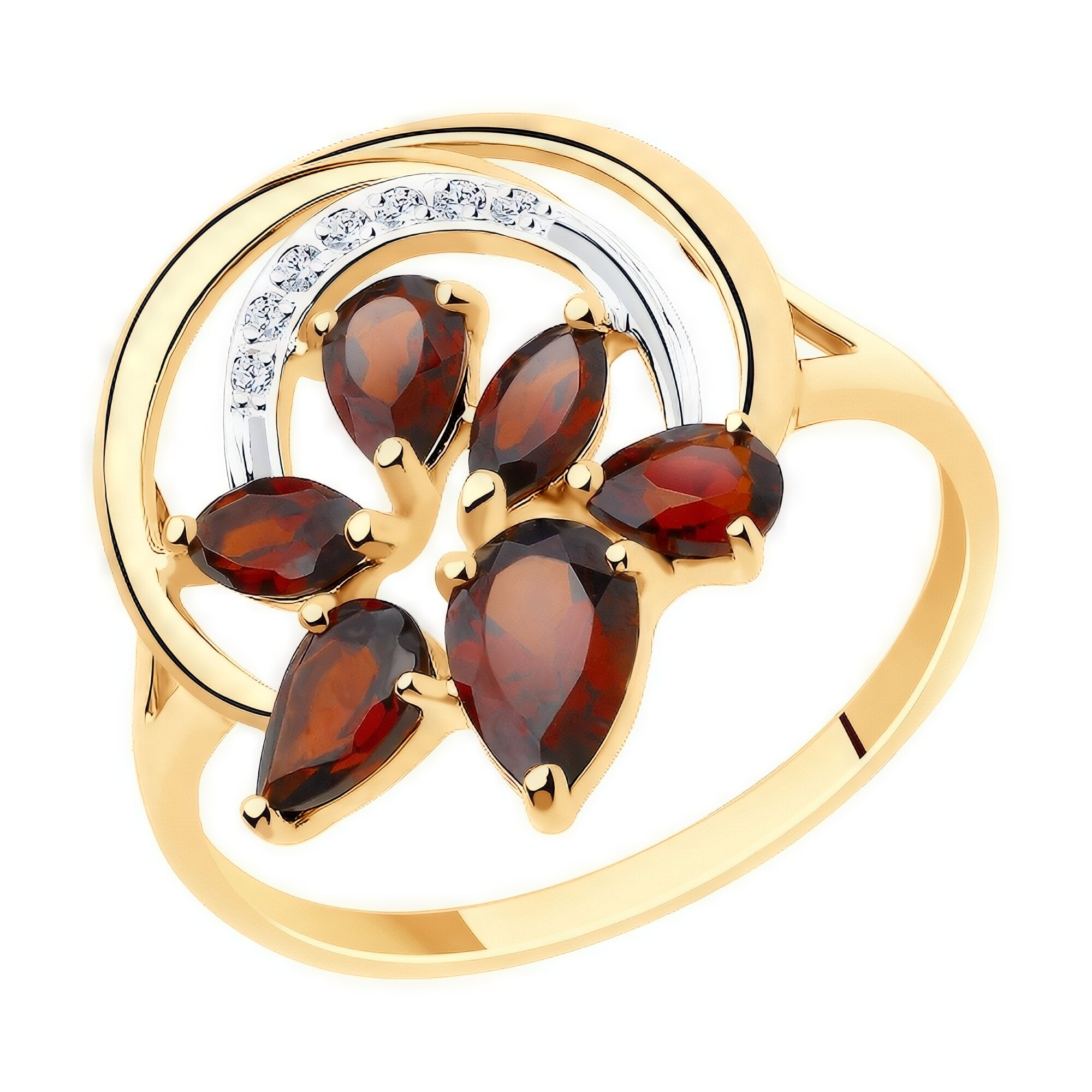 Кольцо, красное золото, 585 проба, фианит, гранат