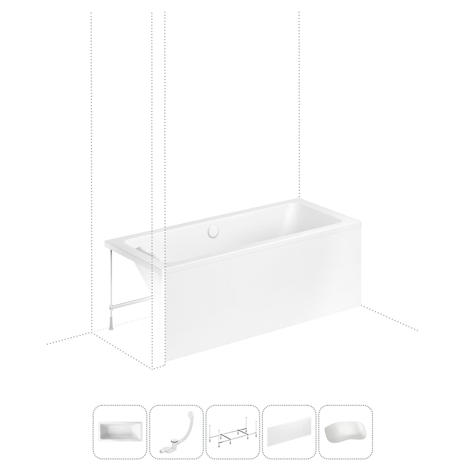 Акриловая ванна 170x75 с каркасом и экраном Lavinia Boho Pure 202011674 в наборе 5 в 1: прямоугольная ванна 170 x 75 см, слив-перелив, каркас, экран, подголовник