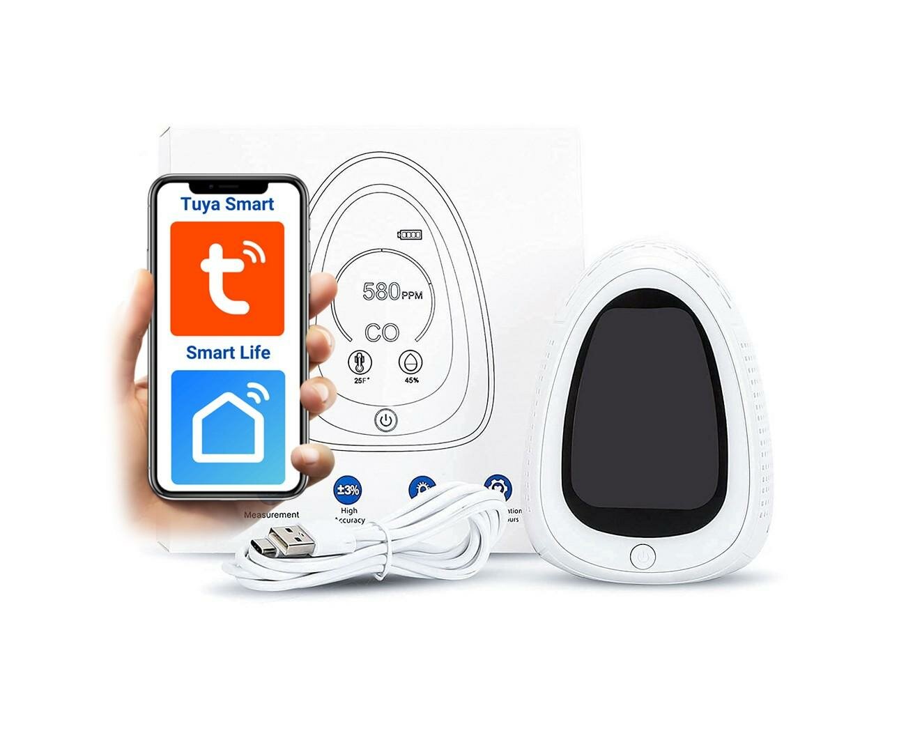 Универсальный автономный датчик Tuya Вай-Фай детектор-сигнализация 4 в 1 Мод: HT-WT 03/41 (CO) (S19939PT0): угарный газ, влажность, температура, дым