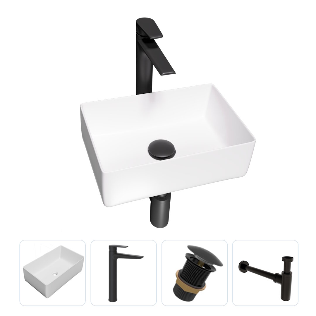 Раковина накладная для ванной Teymi Helmi Mini 38 в комплекте смеситель высокий черный матовый донный клапан клик-клак без перелива черный и сифон черный F13156