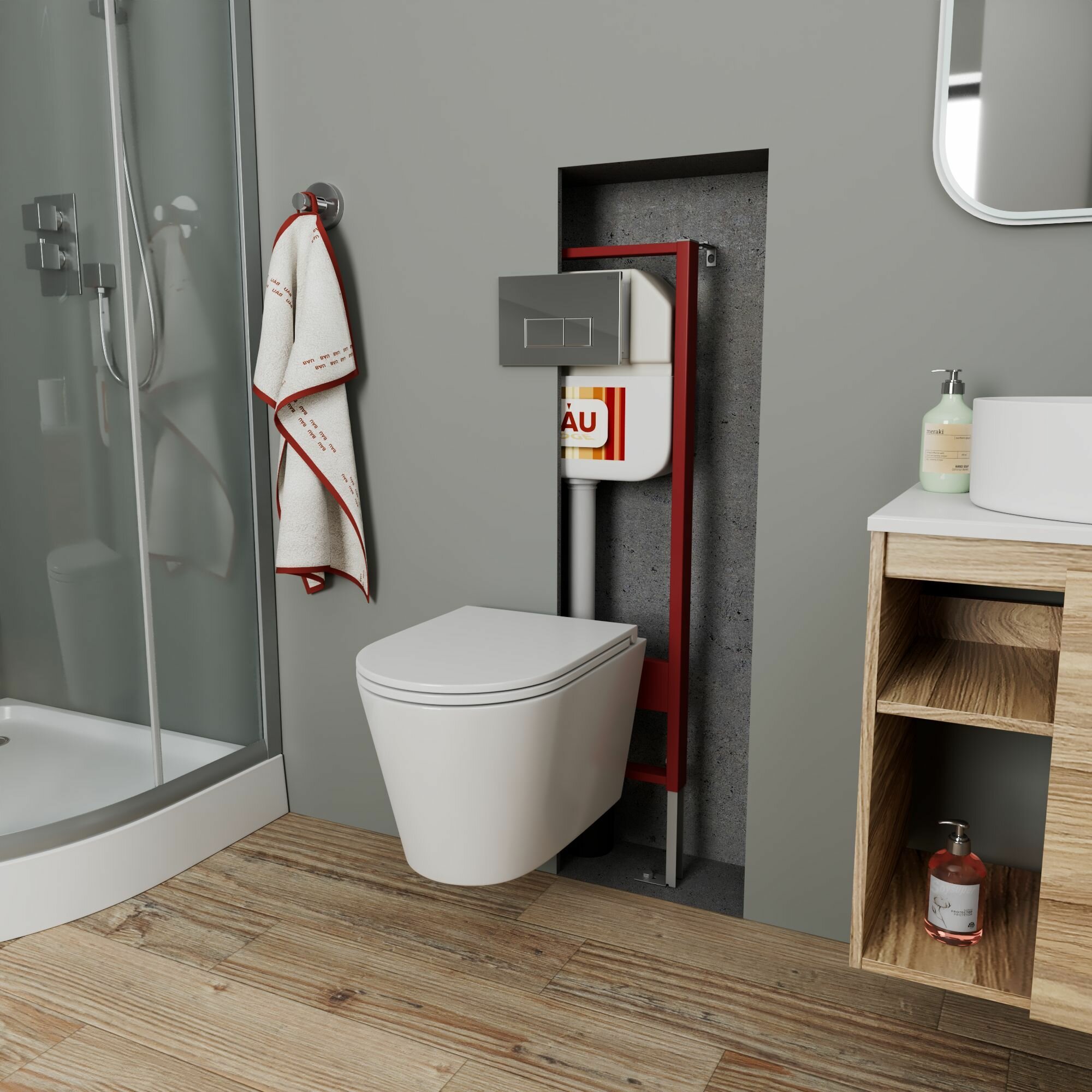 Инсталляция с унитазом комплект BAUEDGE : унитаз Nimb Hurricane, сиденье, кнопка Hotel, хром