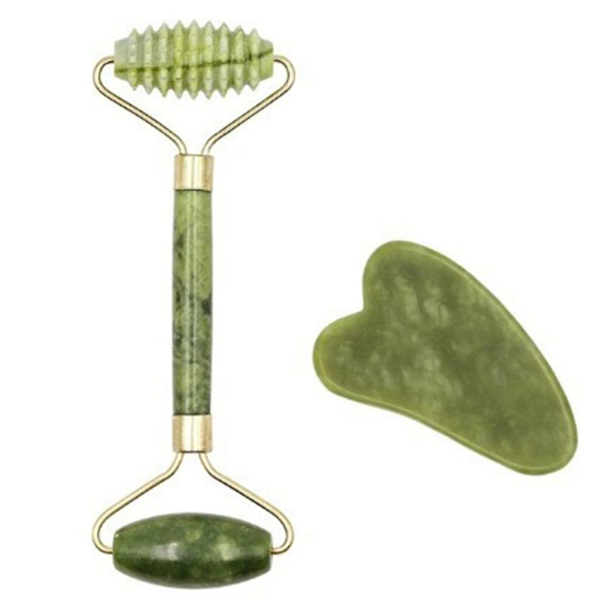 Натуральный нефритовый ролик и массажер для лица Гуаша - микроигольчатый ролик для похудения лица и ухода за кожей