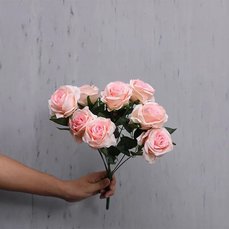Искусственные розы из шелка, букет из 9 голов Розовый, light pink