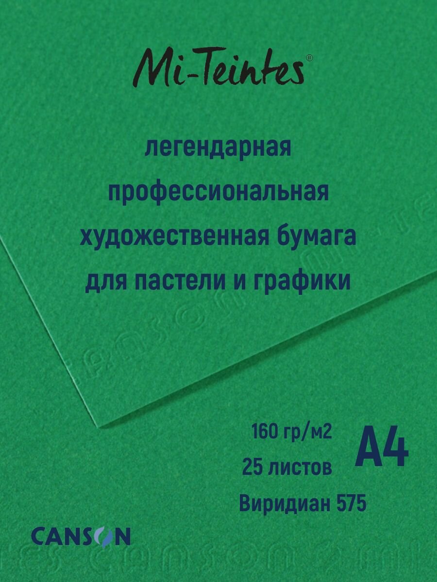 CANSON Mi-Teintes бумага для пастели 160 г/м2, 25 листов A4 21 х 29.7 см, №575 Виридиан C31032S029