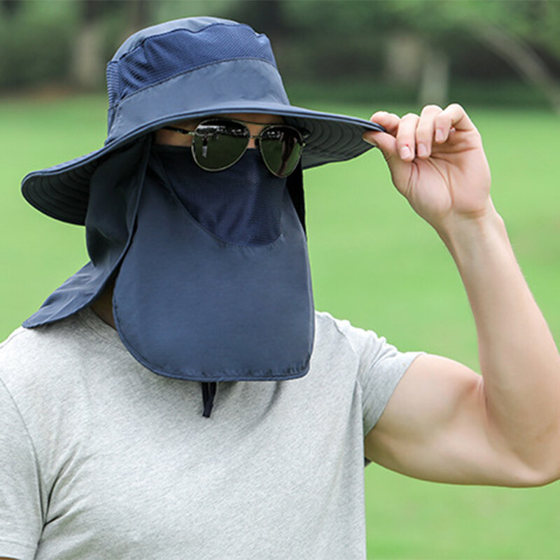 Кепка от солнца с защитой от ультрафиолета, нейлоновая, дышащая, быстросохнущая, с широкими полями, с фактором защиты UPF 50+, рыболовная шляпа со съемным клапаном для лица и шеи, темно-синего цвета