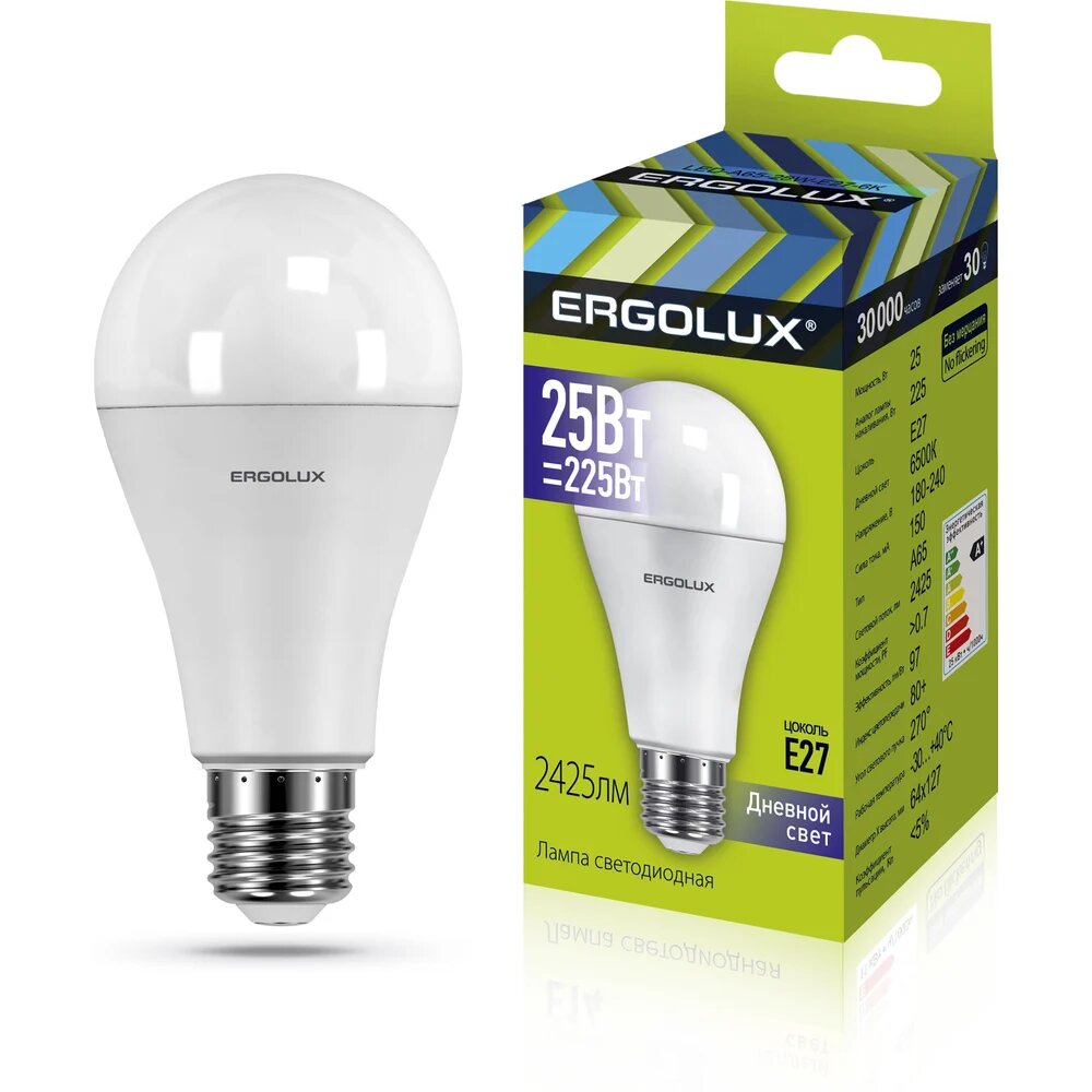 Светодиодная лампа Ergolux LED-A65-25W-E27-6K ЛОН, 25Вт, E27, 6500K, 180-240В 14228