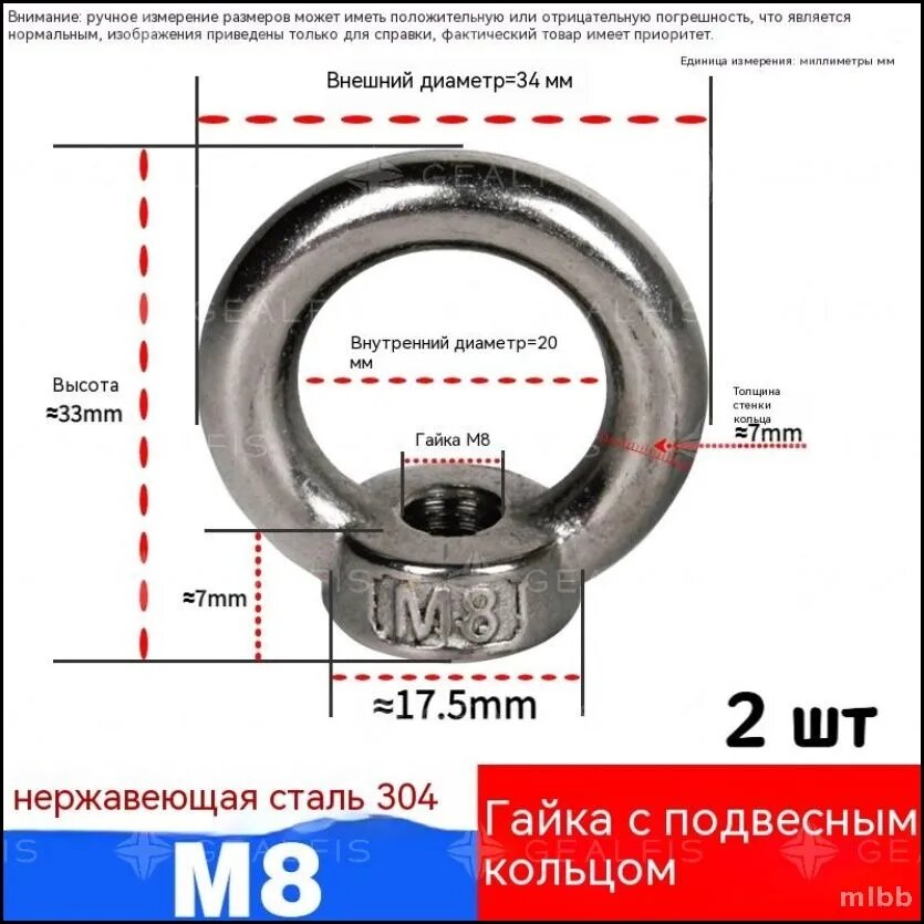 Рым-гайка М8 DIN 582 нержавеющая А4 - 2 шт