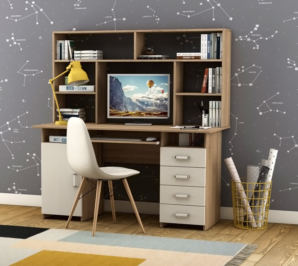 Стол письменный, стол компьютерный Лайт (Ньюкасл) 7К с надстройкой дуб сонома/белое дерево