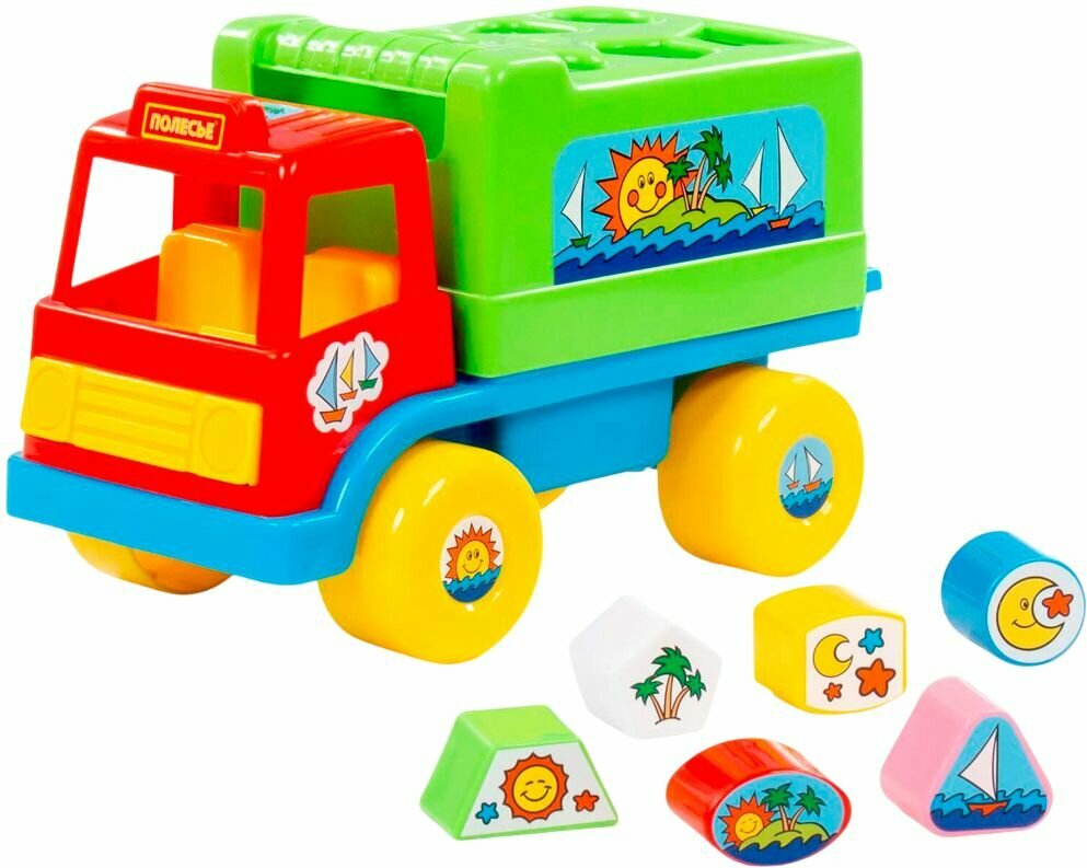Детская каталка с сортером "Грузовик Забава", учим цвета и фигуры, пластиковая развивающая логическая игрушка для малышей, для дома и улицы, по методике Монтессори, в сетке