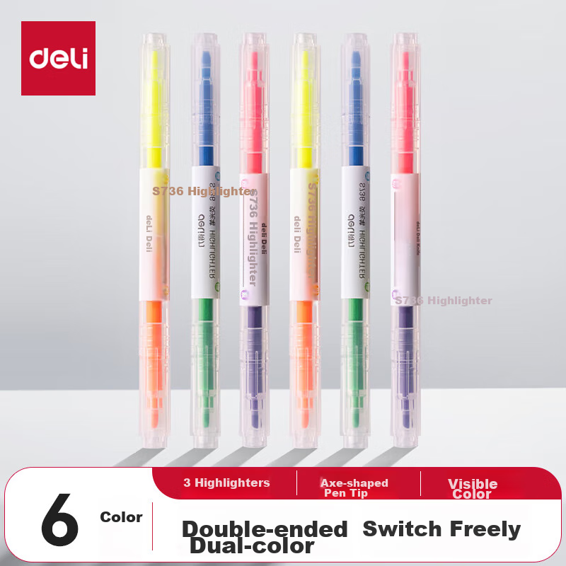Deli Dual-Tip Dual-Color Highlighter, Student Exam Key Marking Pen, Drawing Doodle Journal Pen, Office Water-Based Marker, 3 Pcs 6 Colors S736