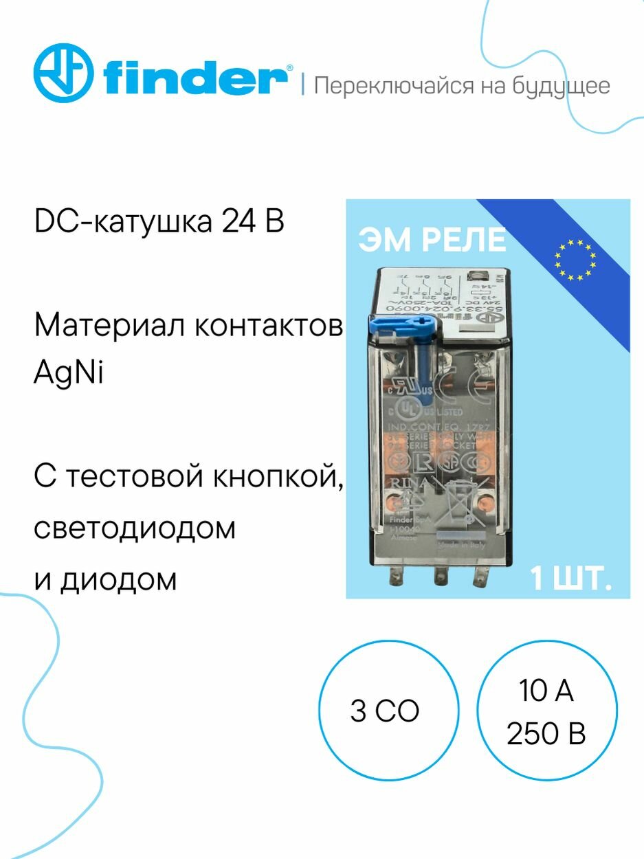 55.33.9.024.0090 FINDER Реле промежуточное 250 В, 10 А, миниатюрное, 3 перекидных контакта, управление 24 В DC, RT I