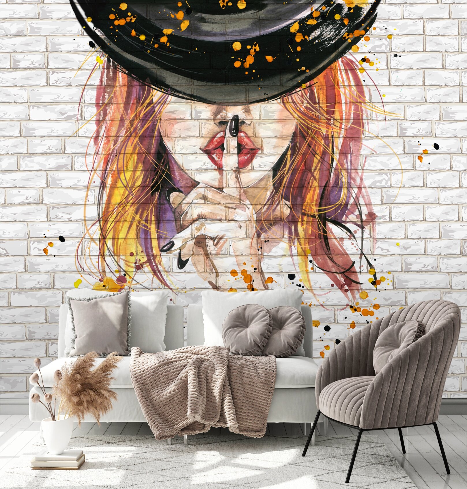 Флизелиновые фотообои "Девушка в шляпе на фоне кирпичной стены" 300х270 см в коридор, в гостиную, в спальню, на кухню