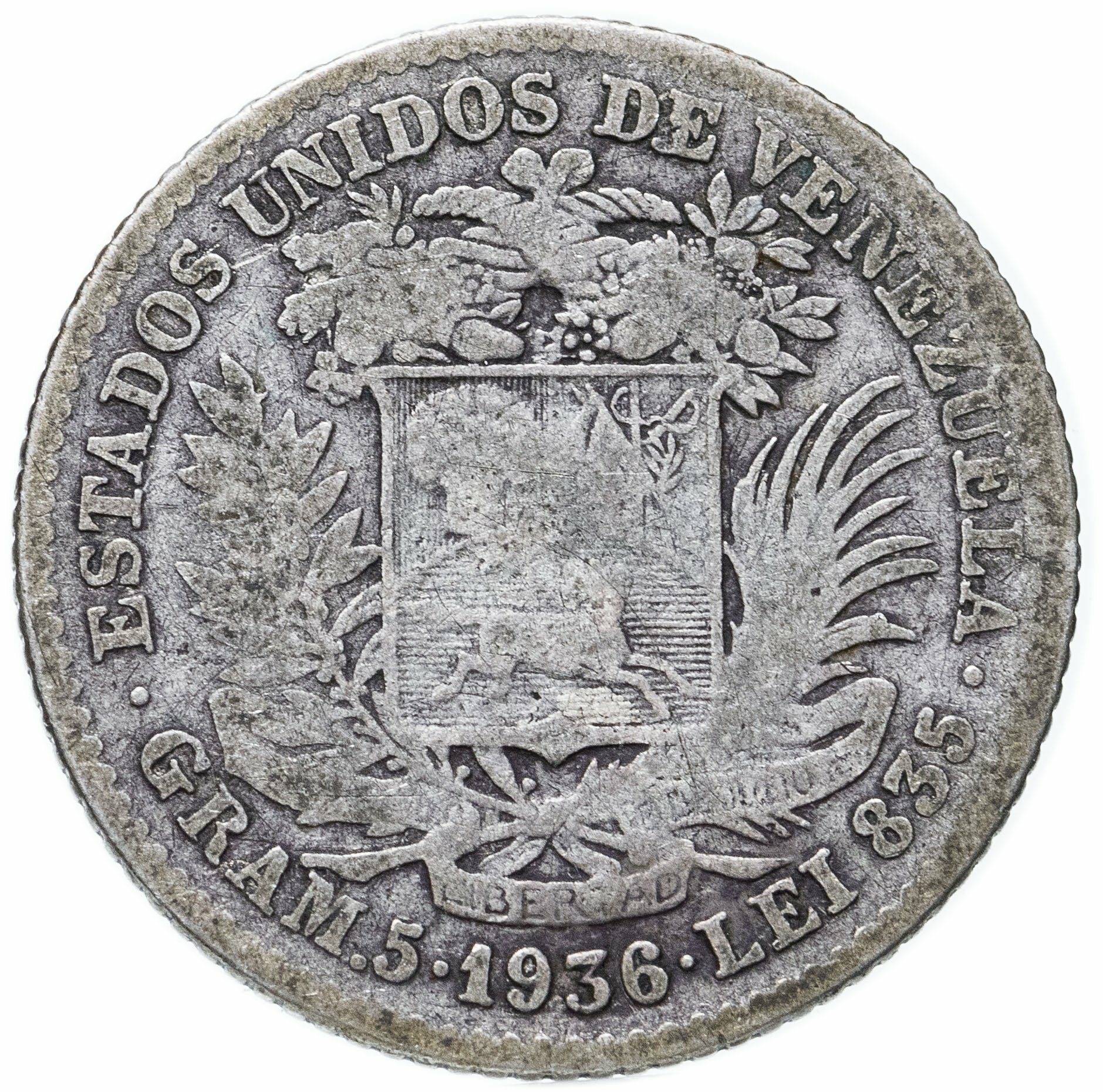 Венесуэла 1 боливар bolivar 1935-1960, Серебро 0, в сохранности F-VF